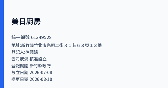 美日廚房的照片-統編 61349528(新竹縣) 公司登記資料與營業項目詳細圖表