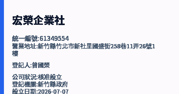 宏榮企業社的照片-統編 61349554(新竹縣) 公司登記資料與營業項目詳細圖表