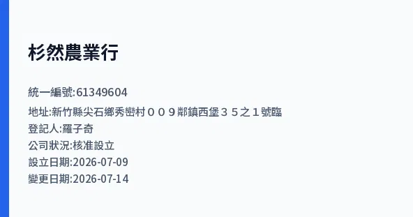 杉然農業行的照片-統編 61349604(新竹縣) 公司登記資料與營業項目詳細圖表