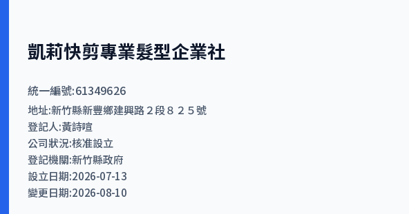 凱莉快剪專業髮型企業社的照片-統編 61349626(新竹縣) 公司登記資料與營業項目詳細圖表