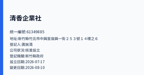 清香企業社的照片-統編 61349885(新竹縣) 公司登記資料與營業項目詳細圖表