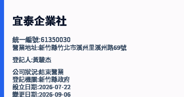 宜泰企業社的照片-統編 61350030 公司登記資料與營業項目詳細圖表