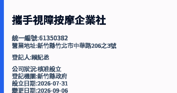 攜手視障按摩企業社的照片-統編 61350382 公司登記資料與營業項目詳細圖表