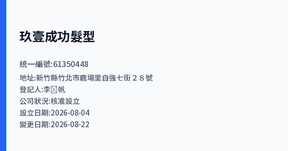 玖壹成功髮型的照片-統編 61350448(新竹縣) 公司登記資料與營業項目詳細圖表