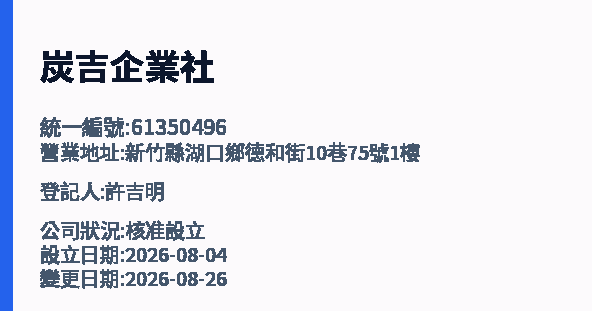 炭吉企業社的照片-統編 61350496(新竹縣) 公司登記資料與營業項目詳細圖表