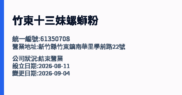 竹東十三妹螺螄粉的照片-統編 61350708(新竹縣) 公司登記資料與營業項目詳細圖表