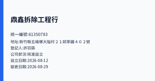 鼎鑫拆除工程行的照片-統編 61350783(新竹縣) 公司登記資料與營業項目詳細圖表