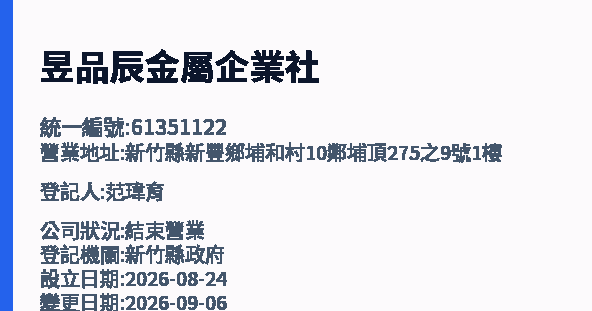 昱品辰金屬企業社的照片-統編 61351122(新竹縣) 公司登記資料與營業項目詳細圖表