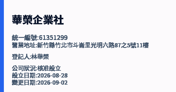華榮企業社的照片-統編 61351299(新竹縣) 公司登記資料與營業項目詳細圖表