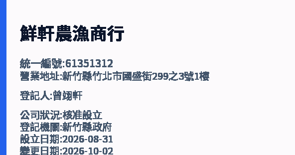 鮮軒農漁商行的照片-統編 61351312(新竹縣) 公司登記資料與營業項目詳細圖表