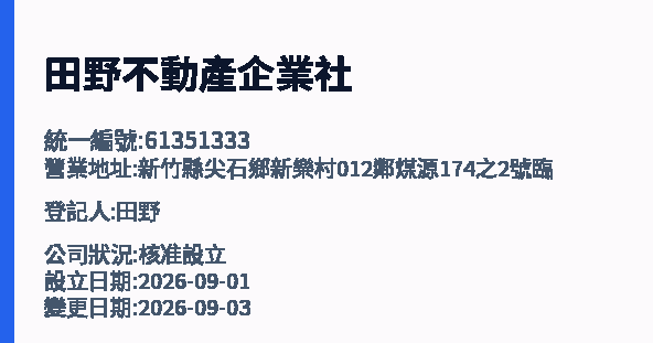 田野不動產企業社的照片-統編 61351333(新竹縣) 公司登記資料與營業項目詳細圖表