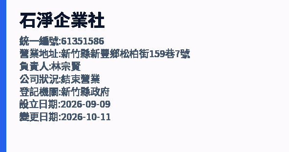 石淨企業社的照片-統編 61351586(新竹縣) 公司登記資料與營業項目詳細圖表