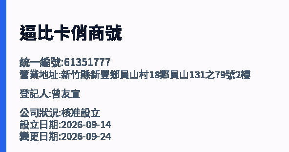 逼比卡俏商號的照片-統編 61351777(新竹縣) 公司登記資料與營業項目詳細圖表