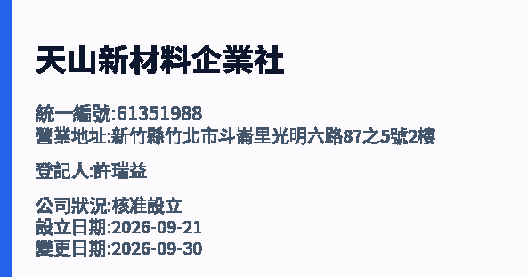 天山新材料企業社的照片-統編 61351988(新竹縣) 公司登記資料與營業項目詳細圖表