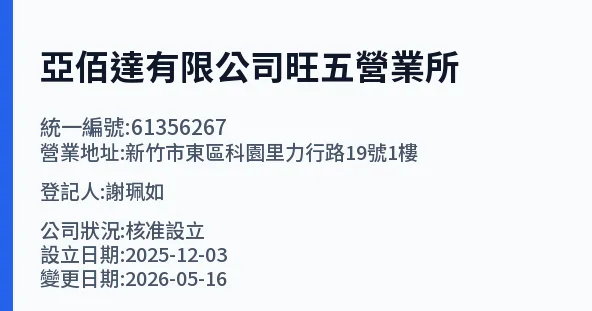 亞佰達有限公司旺五營業所的照片-統編 61356267(新竹市) 公司登記資料與營業項目詳細圖表