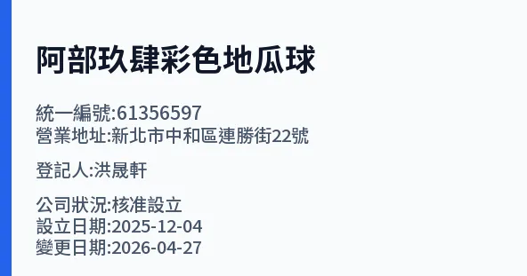 阿部玖肆彩色地瓜球的照片-統編 61356597(新北市) 公司登記資料與營業項目詳細圖表