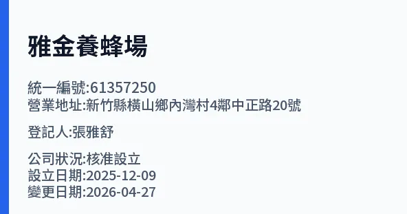 雅金養蜂場的照片-統編 61357250(新竹縣) 公司登記資料與營業項目詳細圖表