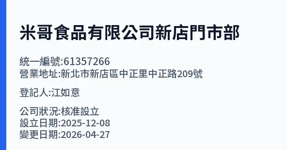 米哥食品有限公司新店門市部的照片-統編 61357266(新北市) 公司登記資料與營業項目詳細圖表