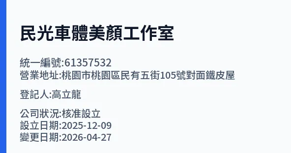 民光車體美顏工作室的照片-統編 61357532(桃園市) 公司登記資料與營業項目詳細圖表