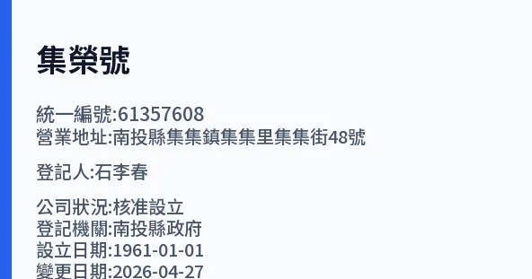 集榮號的照片-統編 61357608(南投縣) 公司登記資料與營業項目詳細圖表