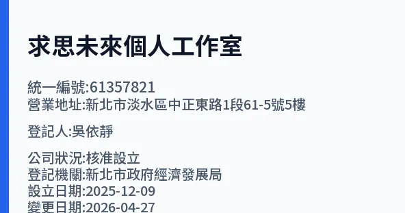 求思未來個人工作室的照片-統編 61357821(新北市) 公司登記資料與營業項目詳細圖表