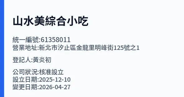 山水美綜合小吃的照片-統編 61358011(新北市) 公司登記資料與營業項目詳細圖表
