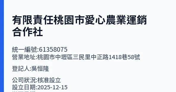 有限責任桃園市愛心農業運銷合作社的照片-統編 61358075(桃園市) 公司登記資料與營業項目詳細圖表