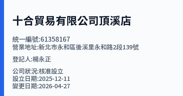 十合貿易有限公司頂溪店的照片-統編 61358167(新北市) 公司登記資料與營業項目詳細圖表