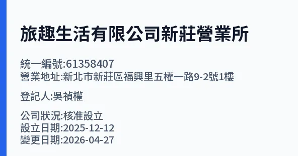 旅趣生活有限公司新莊營業所的照片-統編 61358407(新北市) 公司登記資料與營業項目詳細圖表