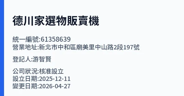 德川家選物販賣機的照片-統編 61358639(新北市) 公司登記資料與營業項目詳細圖表