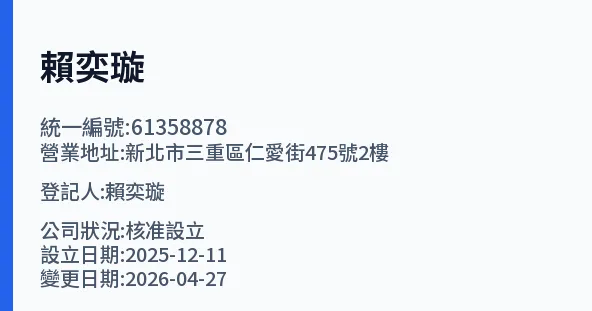 賴奕璇的照片-統編 61358878(新北市) 公司登記資料與營業項目詳細圖表