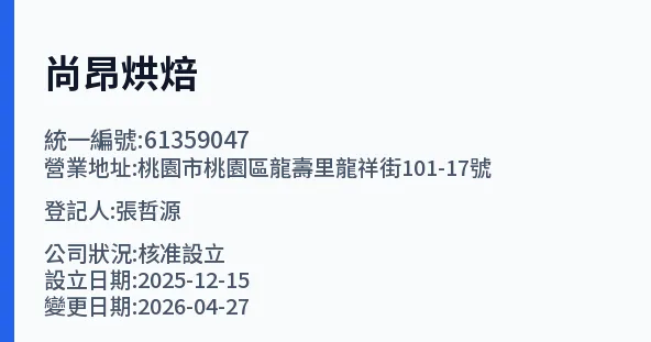尚昂烘焙的照片-統編 61359047(桃園市) 公司登記資料與營業項目詳細圖表