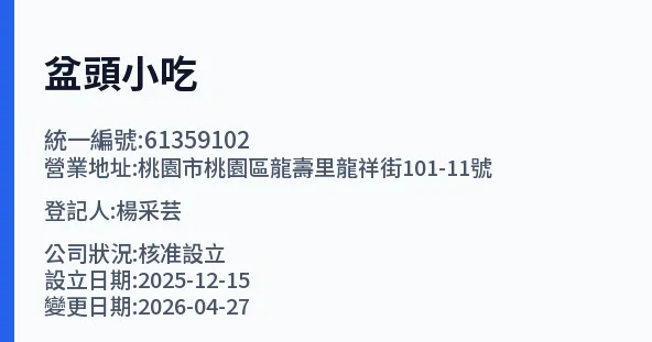 盆頭小吃的照片-統編 61359102(桃園市) 公司登記資料與營業項目詳細圖表