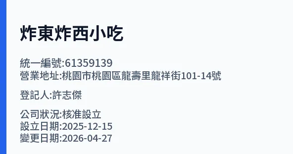炸東炸西小吃的照片-統編 61359139(桃園市) 公司登記資料與營業項目詳細圖表