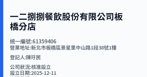 一二捌捌餐飲股份有限公司板橋分店的照片-統編 61359406(新北市) 公司登記資料與營業項目詳細圖表