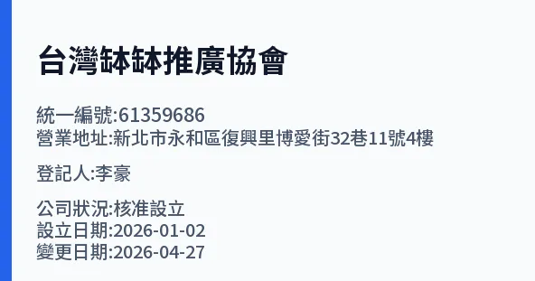 台灣缽缽推廣協會的照片-統編 61359686(新北市) 公司登記資料與營業項目詳細圖表