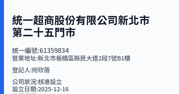 統一超商股份有限公司新北市第二十五門市的照片-統編 61359834(新北市) 公司登記資料與營業項目詳細圖表