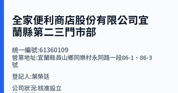 全家便利商店股份有限公司宜蘭縣第二三門市部的照片-統編 61360109(宜蘭縣) 公司登記資料與營業項目詳細圖表