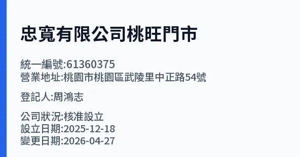 忠寬有限公司桃旺門市的照片-統編 61360375(桃園市) 公司登記資料與營業項目詳細圖表
