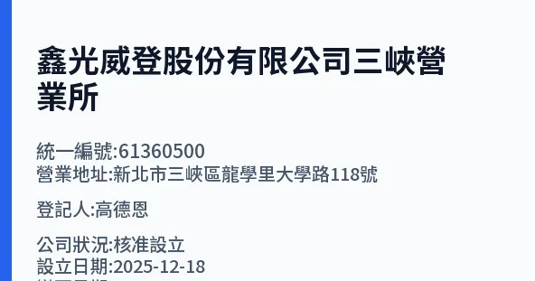 鑫光威登股份有限公司三峽營業所的照片-統編 61360500(新北市) 公司登記資料與營業項目詳細圖表