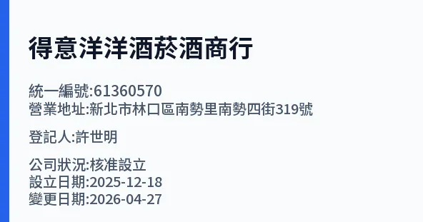 得意洋洋酒菸酒商行的照片-統編 61360570(新北市) 公司登記資料與營業項目詳細圖表