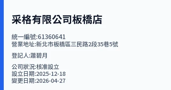 采格有限公司板橋店的照片-統編 61360641(新北市) 公司登記資料與營業項目詳細圖表