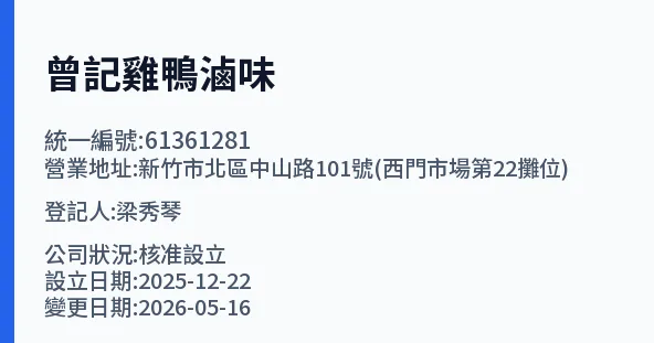 曾記雞鴨滷味的照片-統編 61361281(新竹市) 公司登記資料與營業項目詳細圖表