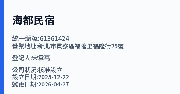 海都民宿的照片-統編 61361424(新北市) 公司登記資料與營業項目詳細圖表