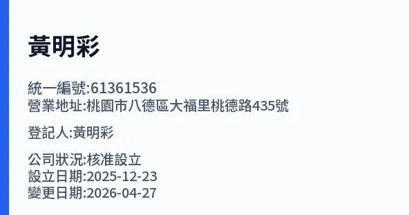 黃明彩的照片-統編 61361536(桃園市) 公司登記資料與營業項目詳細圖表