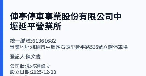 俥亭停車事業股份有限公司中壢延平營業所的照片-統編 61361682(桃園市) 公司登記資料與營業項目詳細圖表