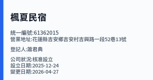 楓夏民宿的照片-統編 61362015(花蓮縣) 公司登記資料與營業項目詳細圖表
