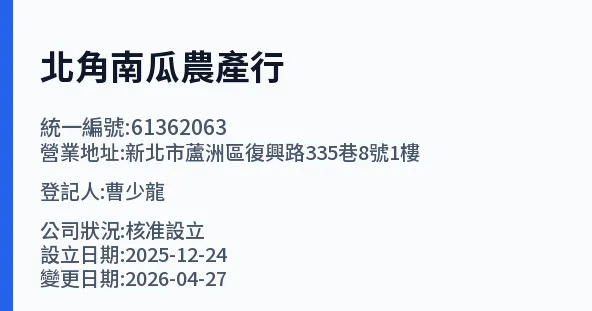 北角南瓜農產行的照片-統編 61362063(新北市) 公司登記資料與營業項目詳細圖表
