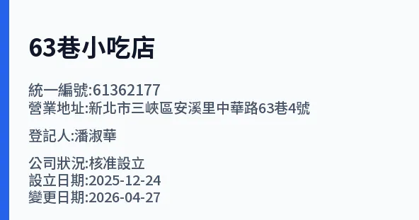63巷小吃店的照片-統編 61362177(新北市) 公司登記資料與營業項目詳細圖表