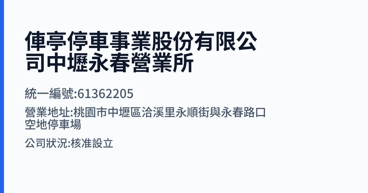 俥亭停車事業股份有限公司中壢永春營業所 - 統編 61362205(桃園市) 公司登記資料與營業項目詳細圖表